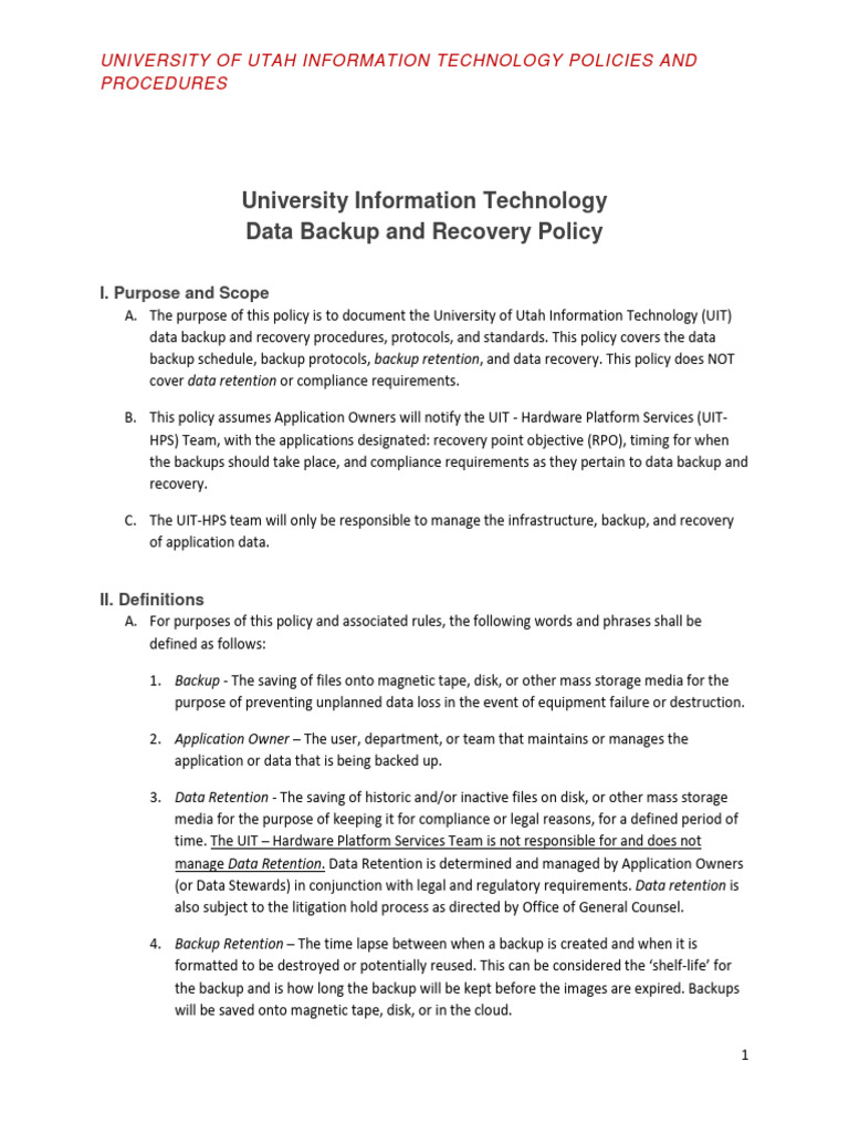 u It Data Backup and Recovery Policy | PDF | Backup | Disaster Recovery