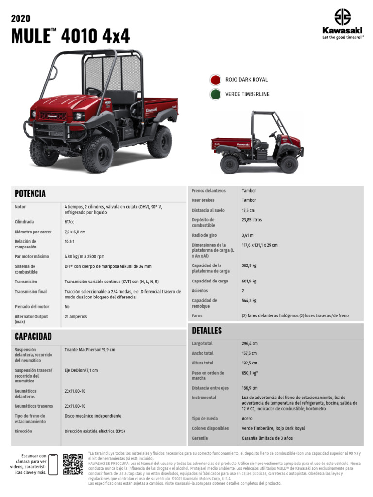 2020 Mule 4010 4x4 Es La Spec Sheet | PDF | Tracción en las cuatro ...
