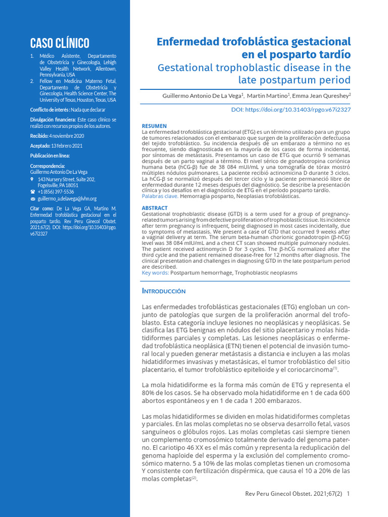 Enfermedad trofoblástica gestacional en el posparto tardio | PDF ...