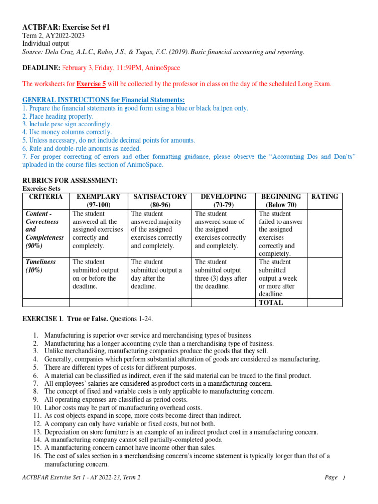 ACTBFAR - Exercise Set #1 | PDF | Cost | Inventory