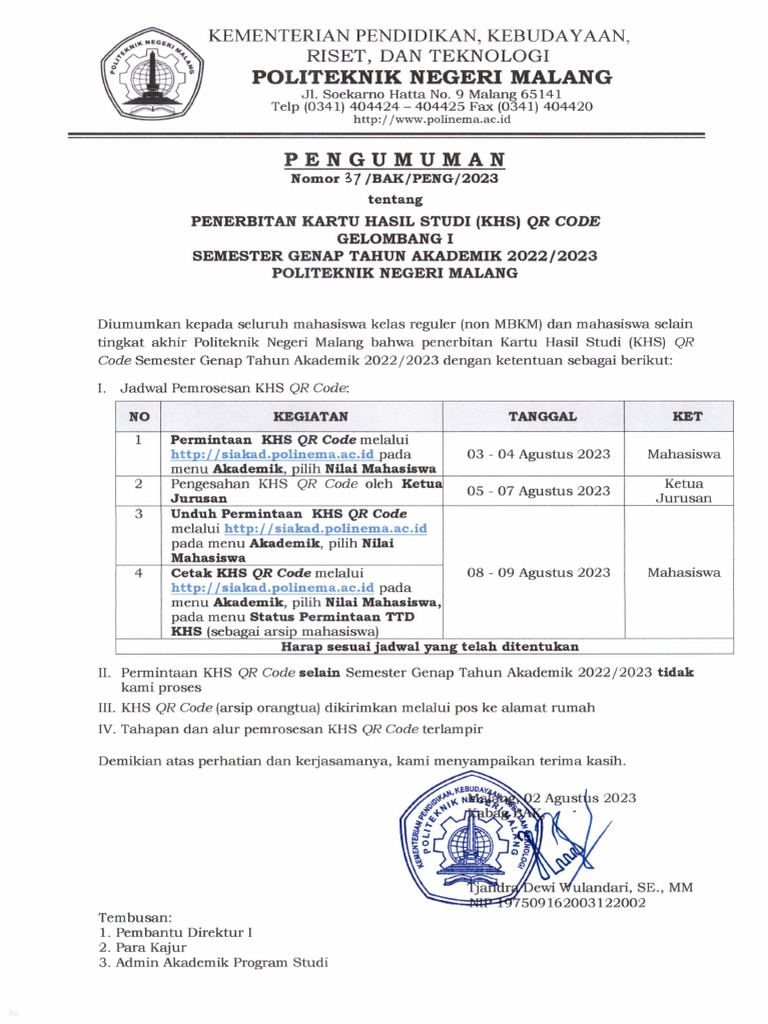 37-Pengumuman Permintaan Khs QR Code 2022 Genap | PDF
