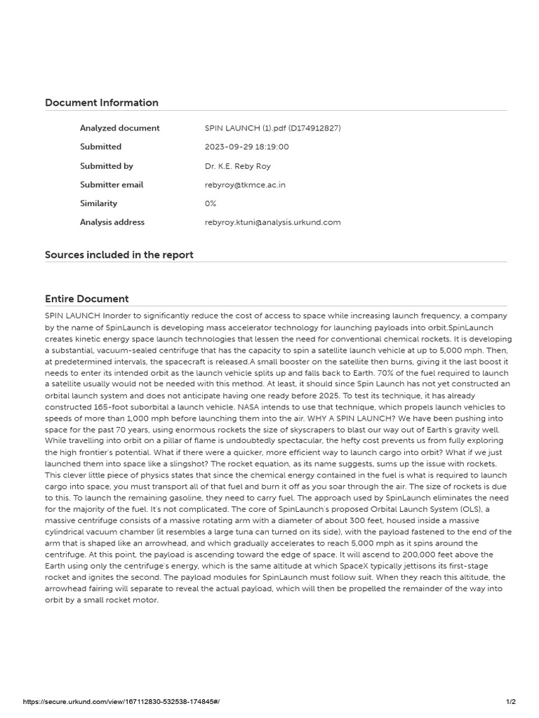 SPIN LAUNCH - Report II | PDF | Launch Vehicle | Rocket