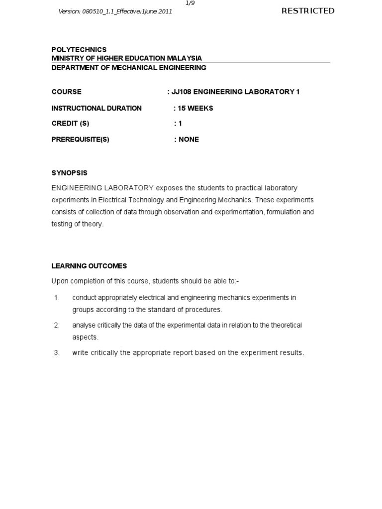JJ108 Engineering Laboratory Course Overview | PDF | Science ...