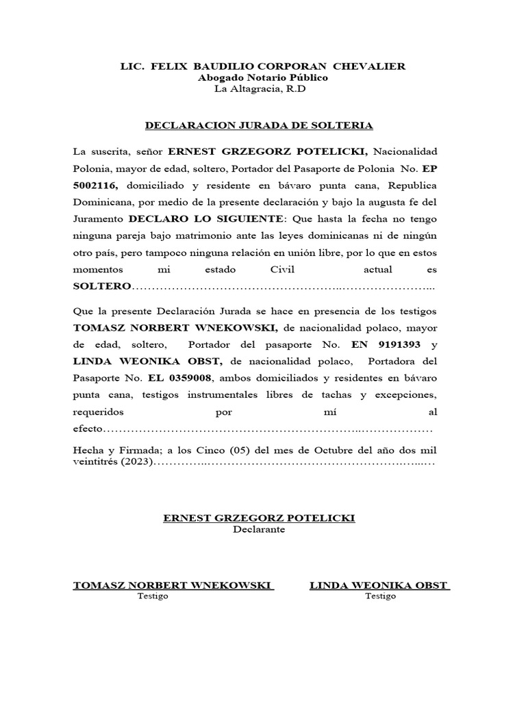 Carta de Solteria de La Señora Brillent | PDF