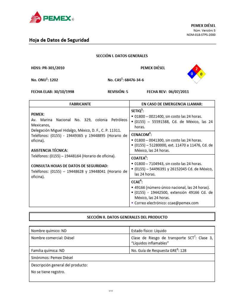 seguridad tecnica Pemex Diesel | PDF | Agua | Residuos