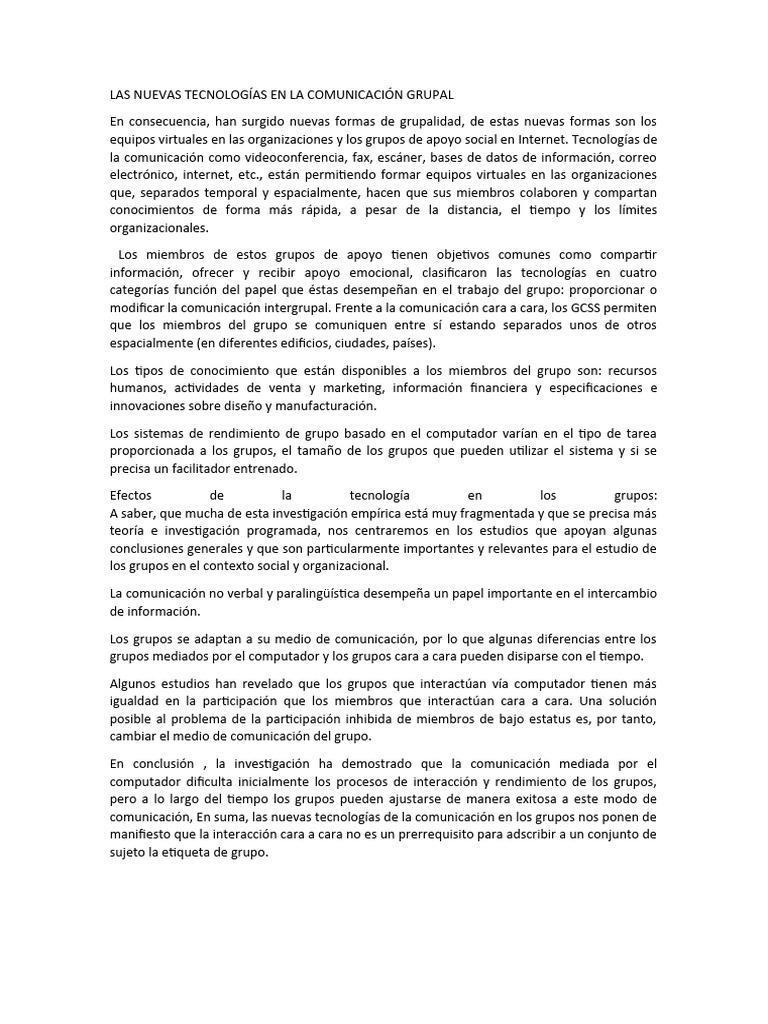 Las Nuevas Tecnologías en La Comunicación Grupal | PDF