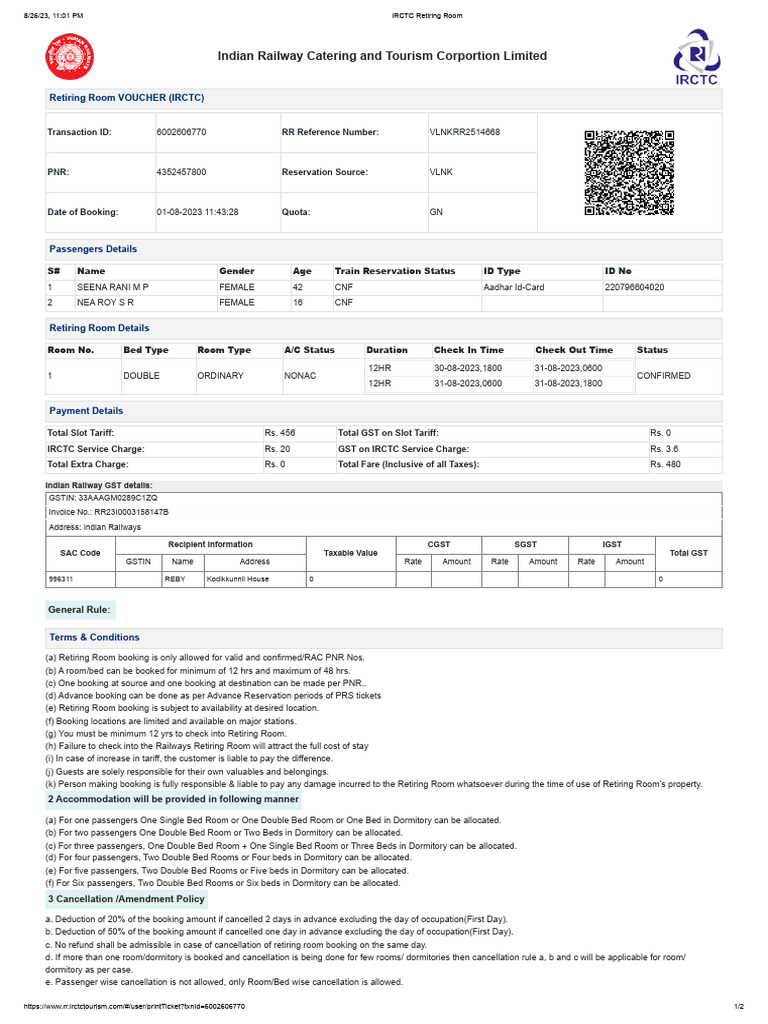 IRCTC Retiring Room 1 | PDF