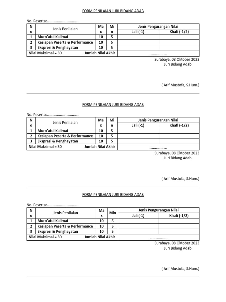 Form Penilaian Juri Bidang Adab | PDF