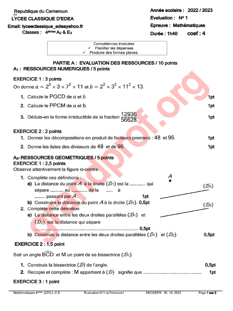 Maths 4eme Evaluation1 Lycee Classique Edea 2022 2023 | PDF