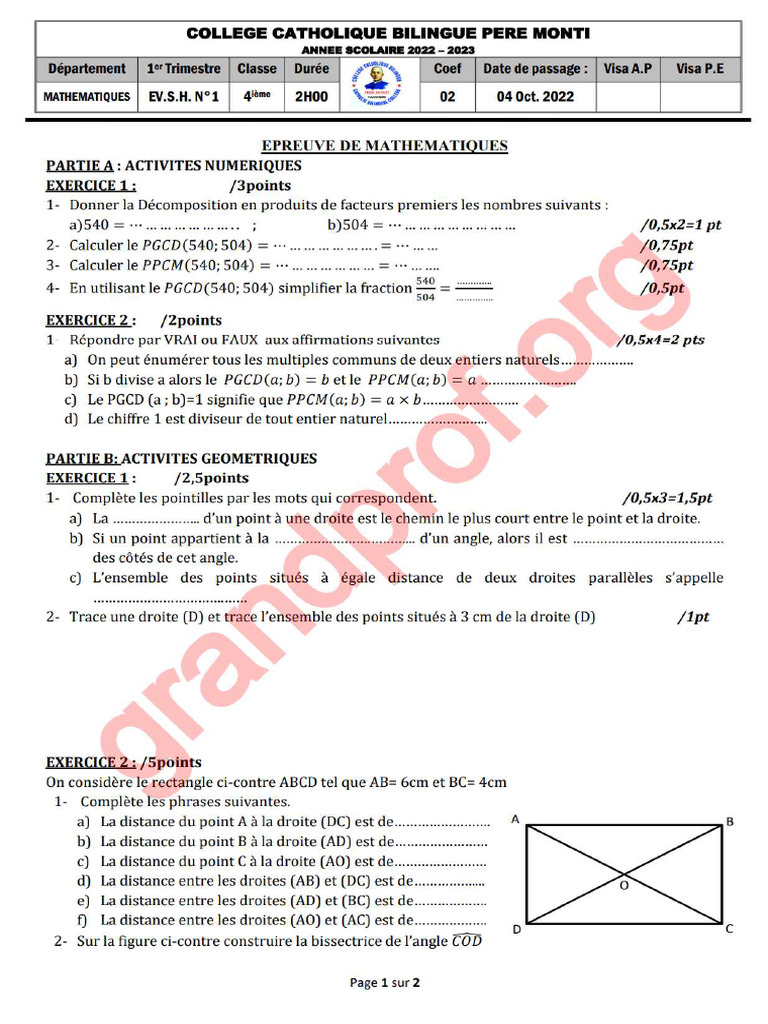 Maths 4eme Evaluation1 College Bilingue Pere Monti 2022 2023 | PDF