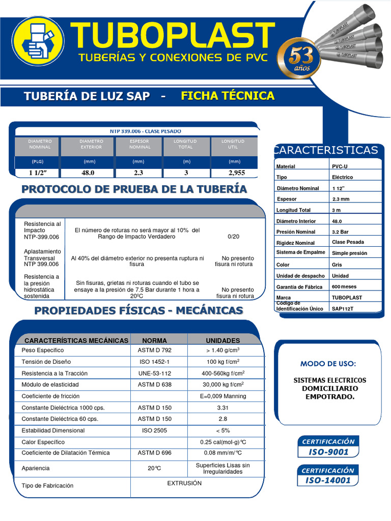 Ficha Técnica Tuboplast 1 1/2" PVC-U | PDF | Mecánica de Medios ...
