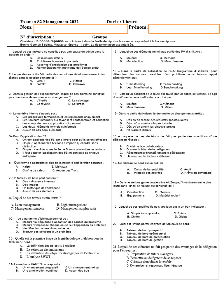 Examen QCM Management S2 2022 | PDF | Gestion de projet | Business