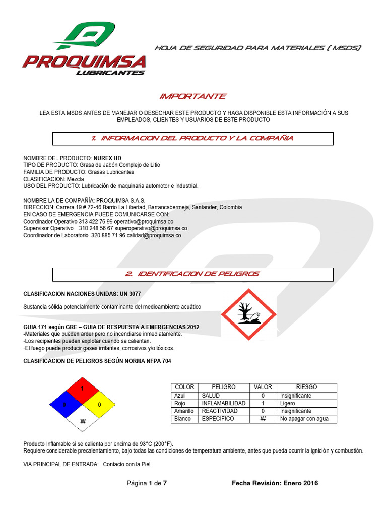 Msds Grasa Nurex HD | PDF