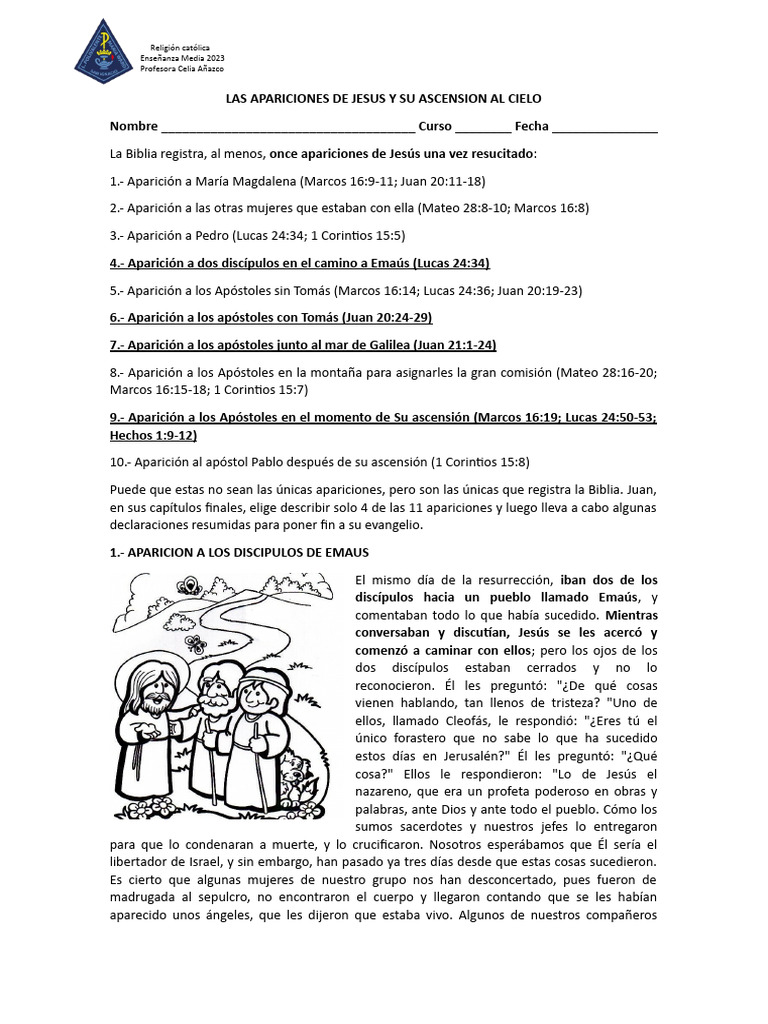 Las Apariciones de Jesus y Su Ascension Al Cielo Enseñanza Media | PDF ...