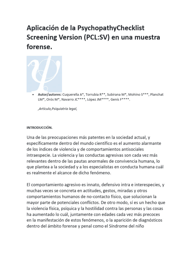 PCL-SV | PDF | Psicopatía | Desorden de personalidad antisocial