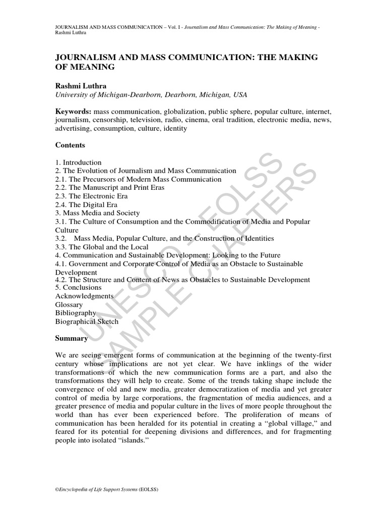 Unesco - Eolss Sample Chapters: Journalism and Mass Communication: The Making of Meaning | PDF ...
