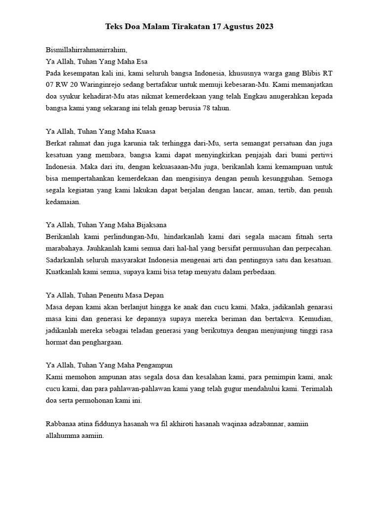 Teks Doa Malam Tirakatan 17 Agustus 2023 | PDF