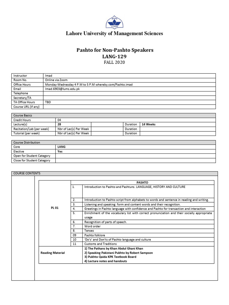 Course Outlines Pashto 1 | PDF