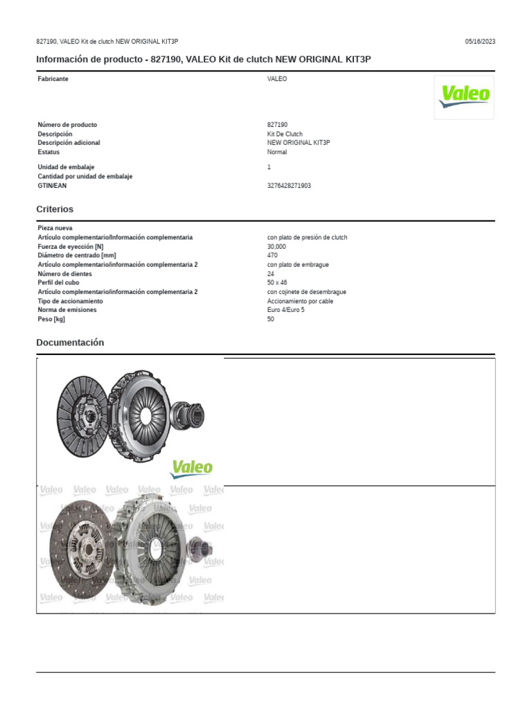 Ficha de Datos Técnicos Embrague Scania 827190 Valeo | PDF | Camión | Vehículos comerciales
