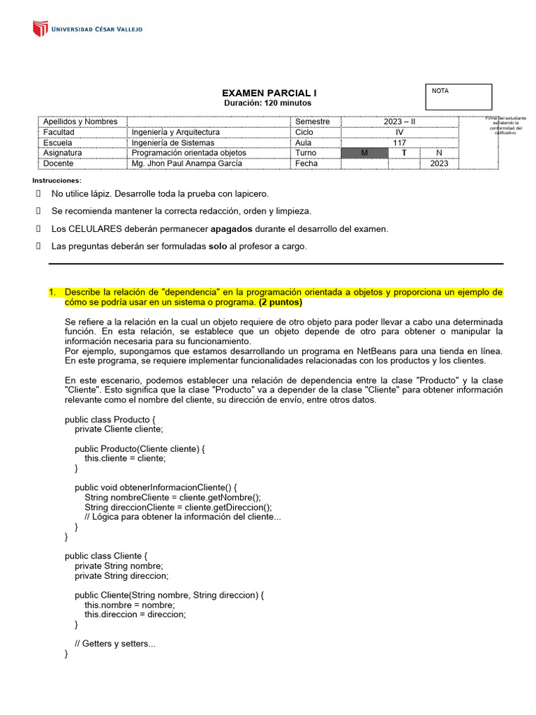 Examen Programacion Orientada A Objetos Unidad 1 | PDF Examen Programacion Orientada A Objetos Unidad 1 | PDF