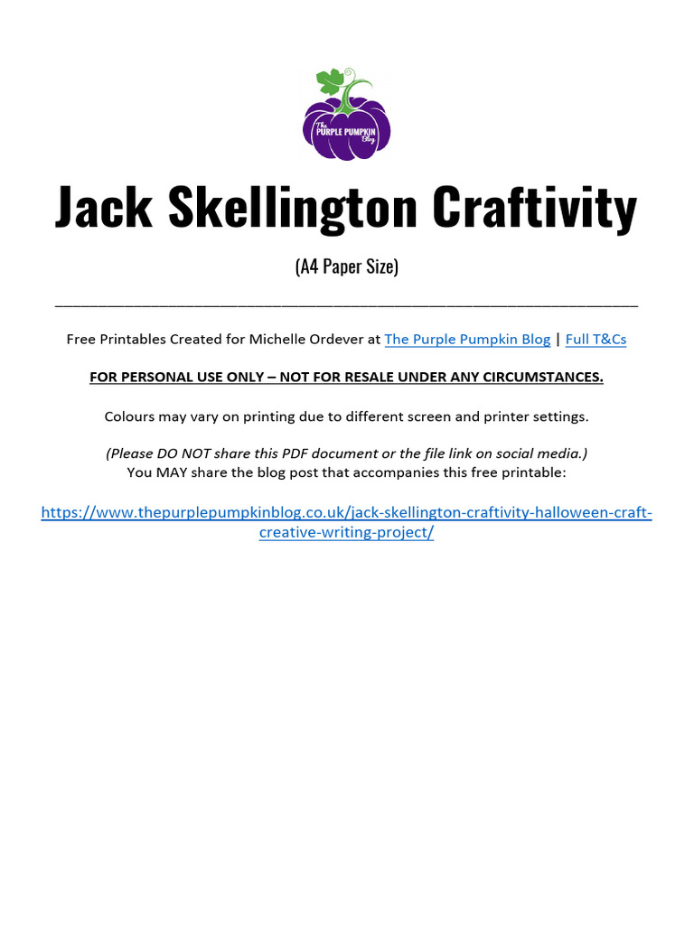 TPPB Free Printable Jack Skellington Craftivity A4 | PDF