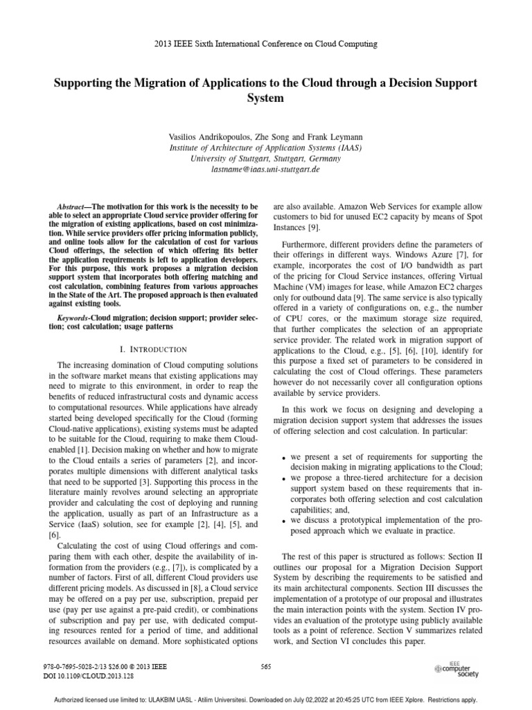Supporting The Migration of Applications To The Cloud Through A Decision Support System | PDF ...