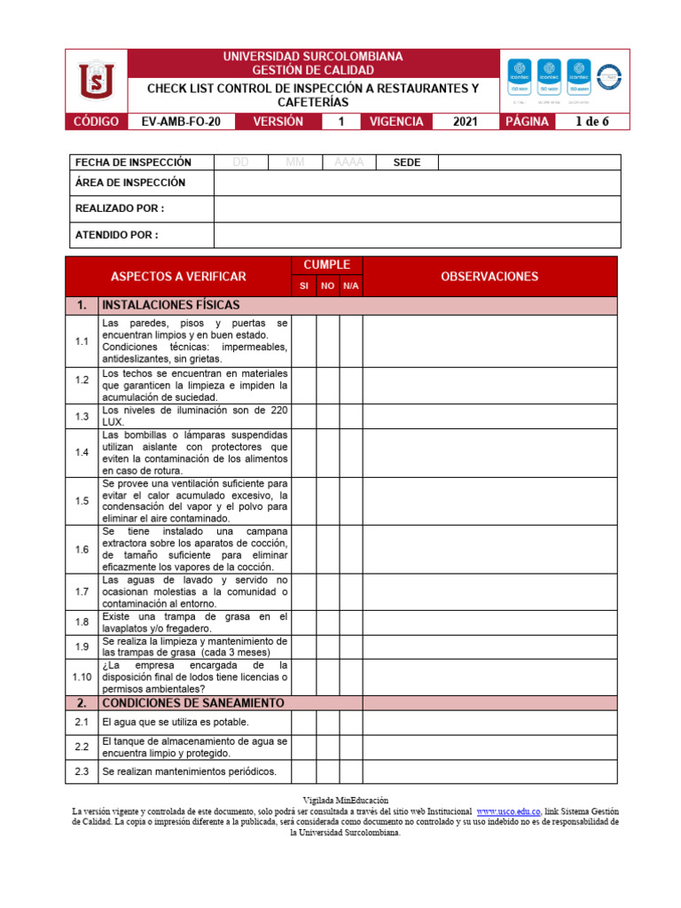 Ev-Amb-Fo-20 Check List Control de Inspeccion A Restaurantes y ...