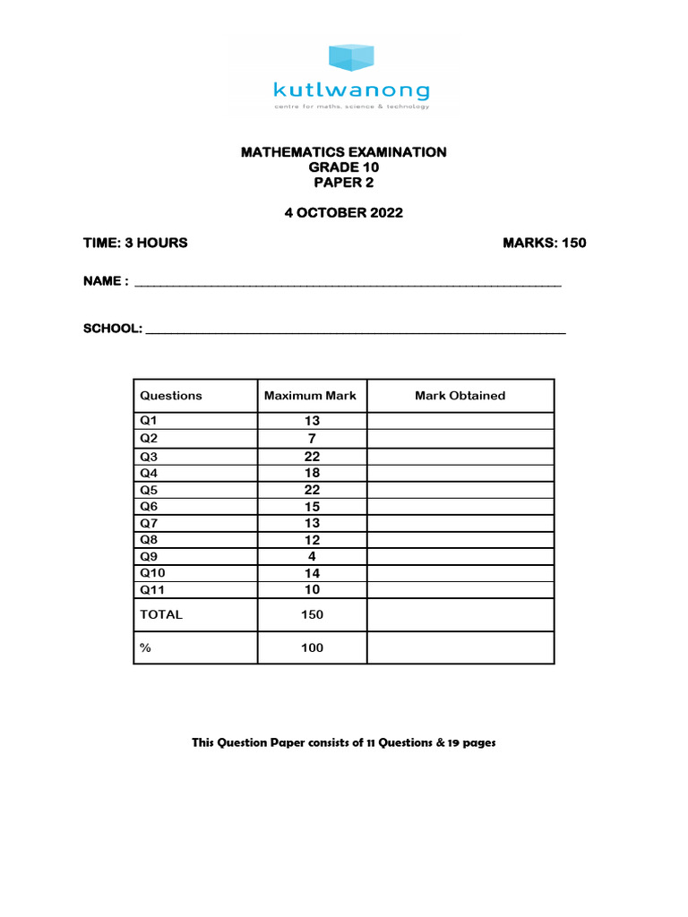 Grade 10 Mathematics Paper 2 (oct 2022) | Pdf | Elementary Mathematics 