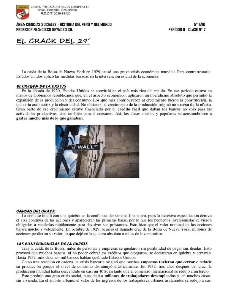 CCSS Hist 5° Clase 7 - El Crack Del 29 | PDF