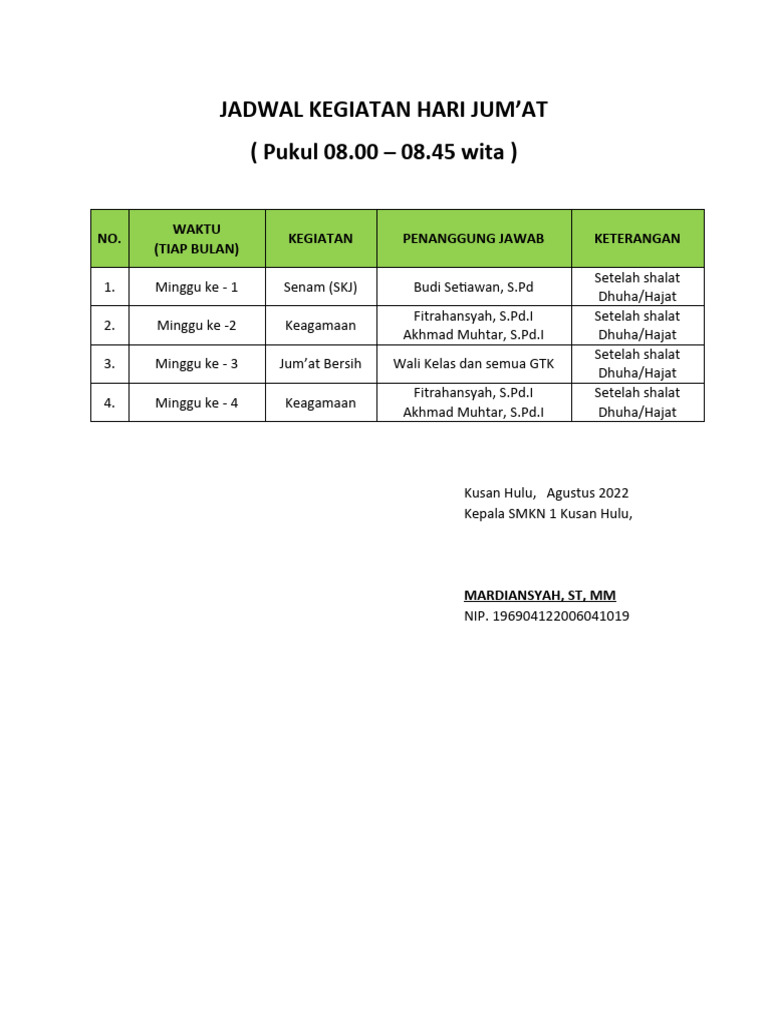 Jadwal Kegiatan Hari Jumat | PDF