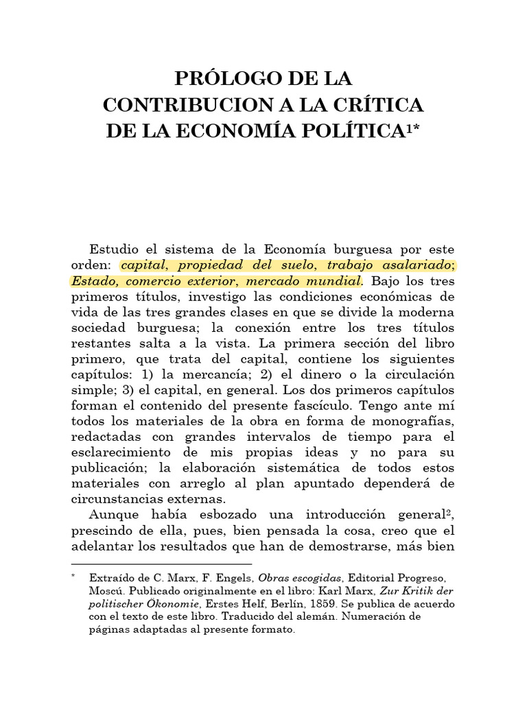 Prólogo de Contribución A La Crítica de La Economía Política, Marx-1859 | PDF
