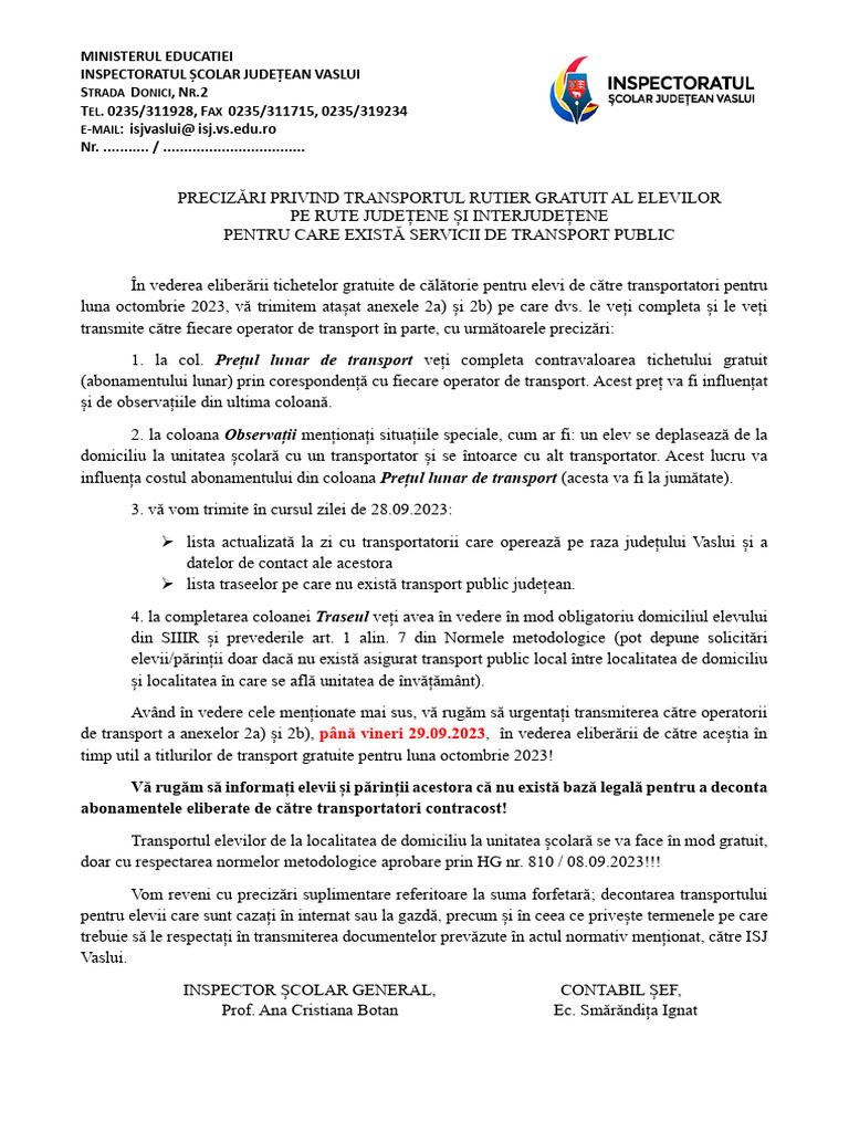 Precizari Transport Elevi | PDF