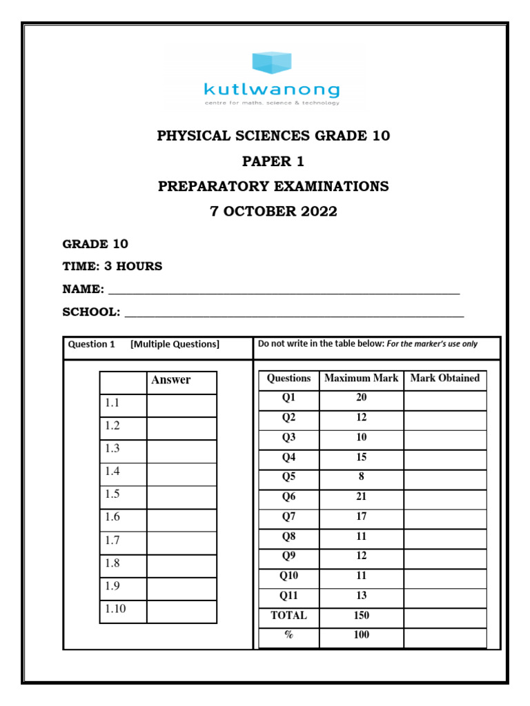 Grade 10 PAPAER 1 PHYSICAL SCIENCES 7 OCTOBER 2022 (1) | PDF