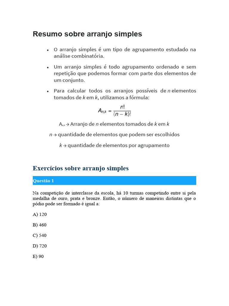 Arranjo Simples: Definição e Exercícios | PDF | Combinatória