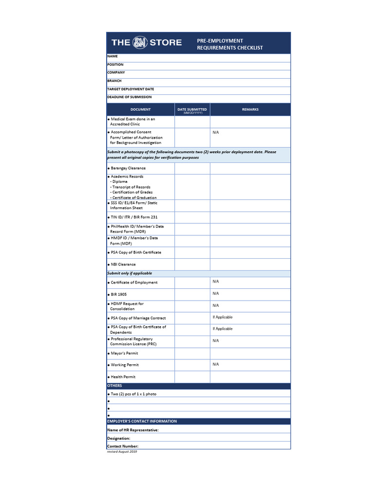 Pre Employment Requirements Checklist - Fillable 2 | PDF Pre Employment Requirements Checklist - Fillable 2 | PDF