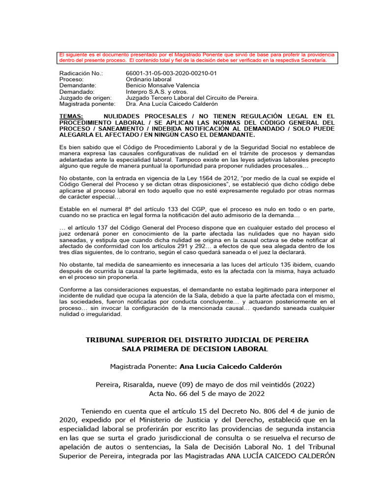 2020-00210 (A) - Nulidad Procesal. Se Regulan Por El CGP. Saneamiento ...