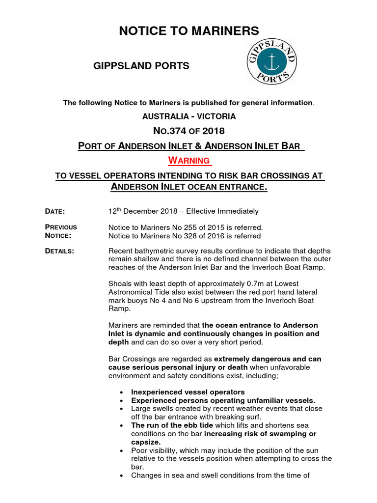 374 18 Anderson Inlet Bar Warning To Vessel Operators 1 | PDF | Sea ...