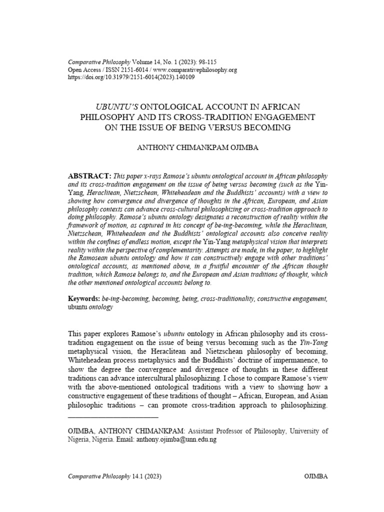 Ubuntu - S Ontological Account in African Philosophy and Its Cross ...