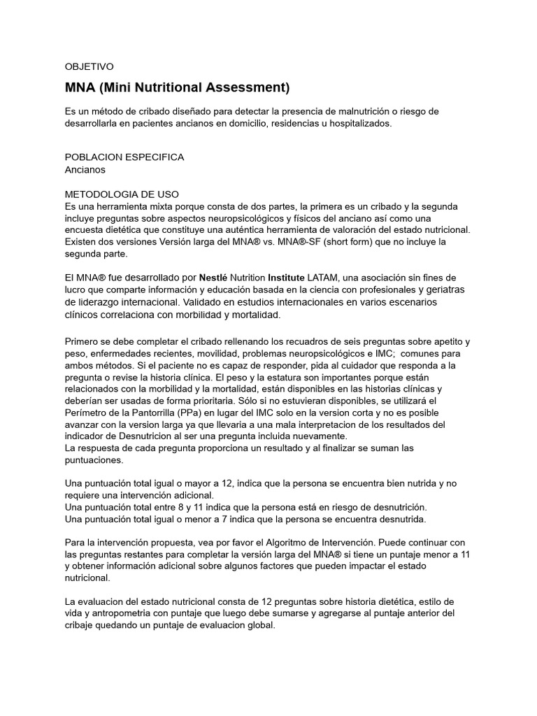 MNA (Mini Nutritional Assessment) : Objetivo | PDF