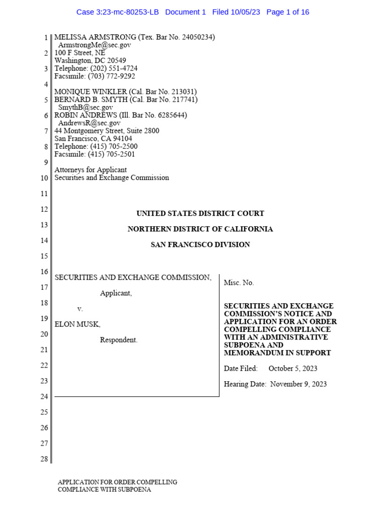 SEC v. Elon Musk - Case 3:23-mc-80253-LB | PDF | U.S. Securities And ...