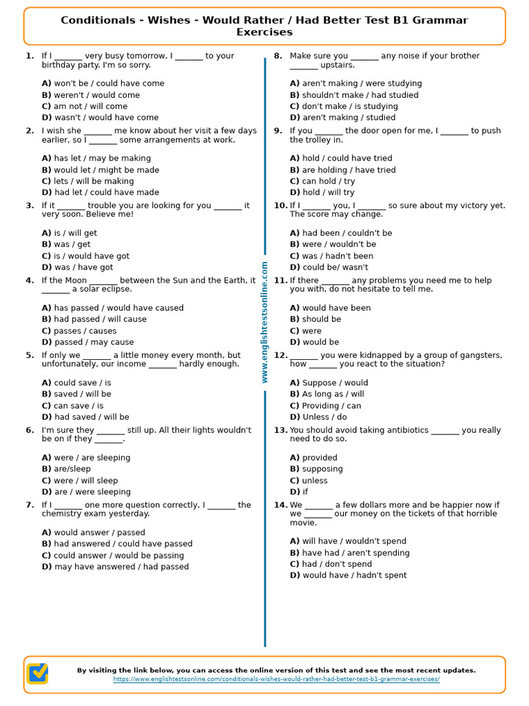 491 - Conditionals Wishes Would Rather Had Better Test b1 Grammar ...