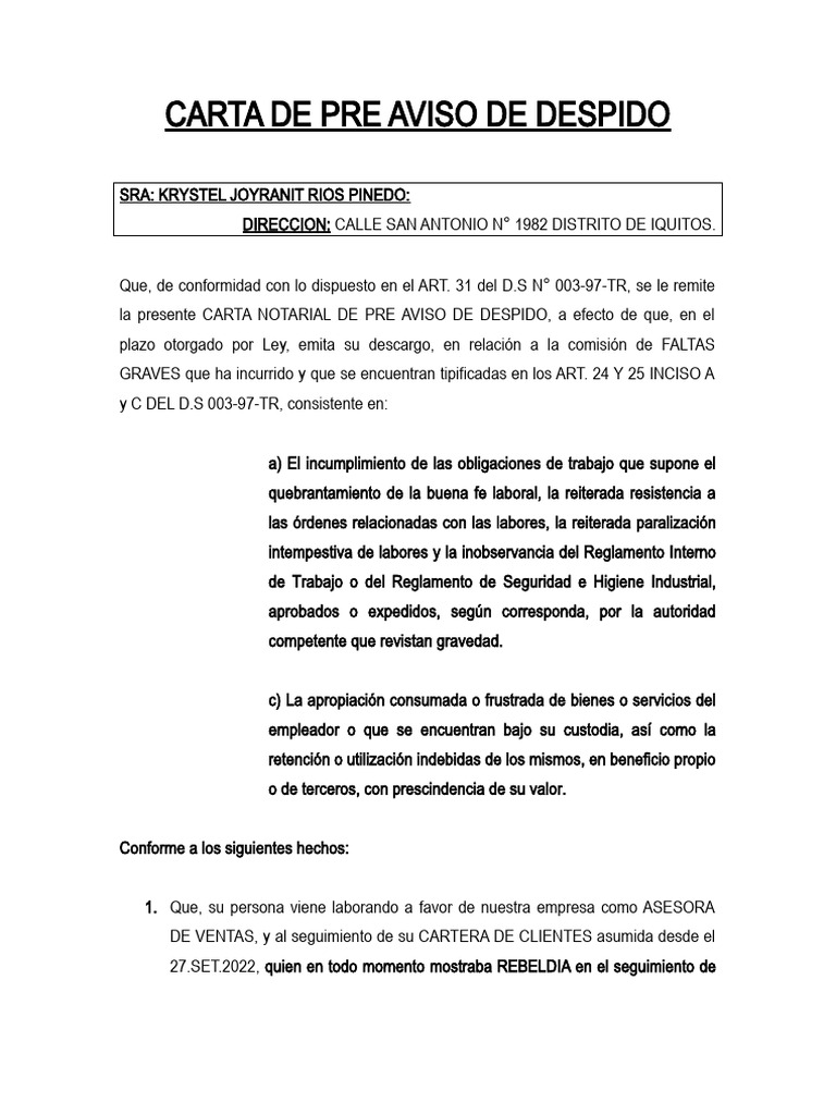 Carta de Pre Aviso de Despido - Alicia Julian | PDF