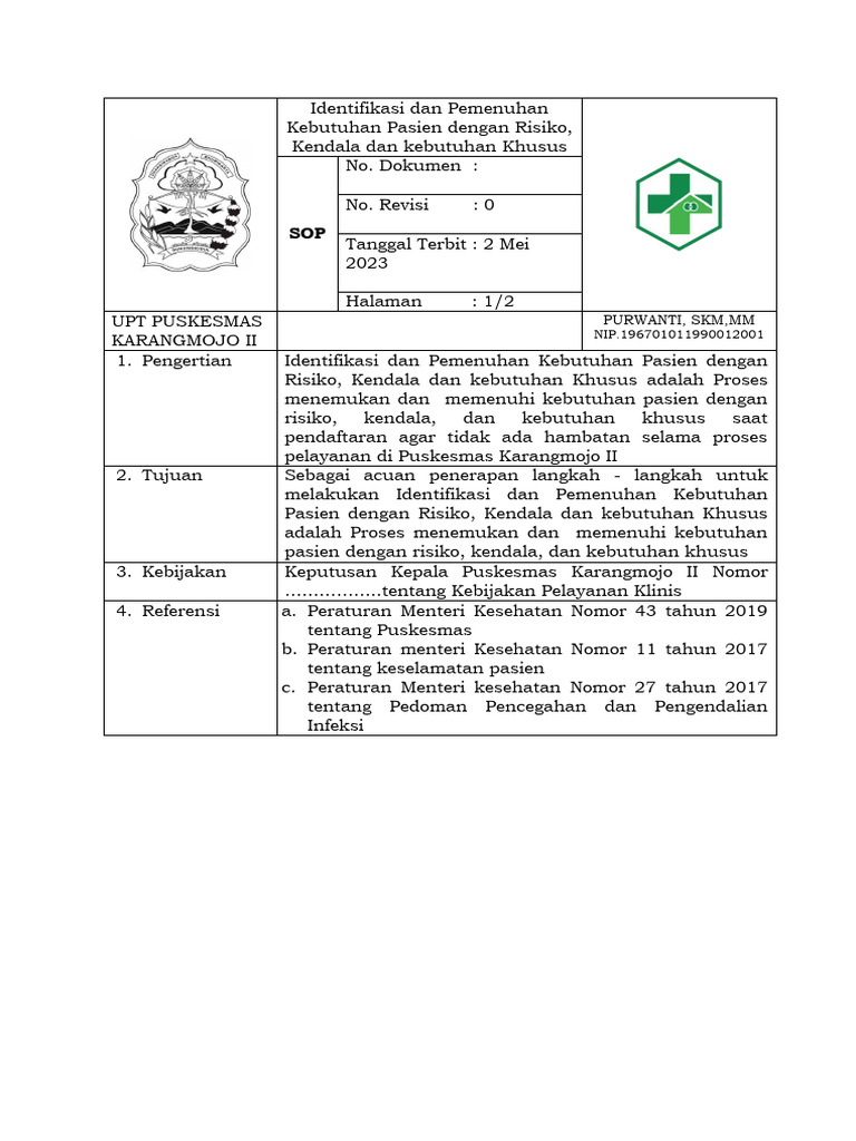 SOP Identifikasi Dan Pemenuhan Kebutuhan Pasien Dengan Risiko, Kendala Dan Kebutuhan Khusus | PDF