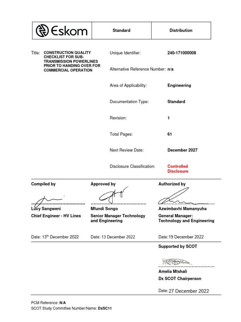 240-171000008 Construction Quality Checklist For Sub-Transmission ...