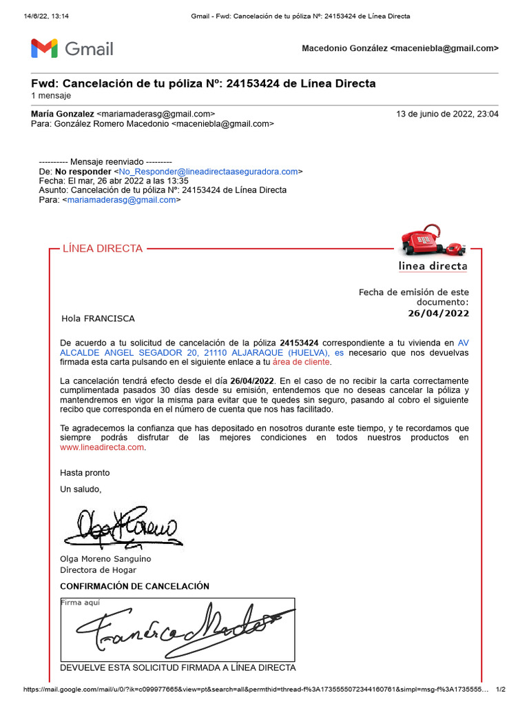 FWD - CancelaciÃ N de Tu Pã Liza NÂº - 24153424 de LÃ - Nea Directa ...