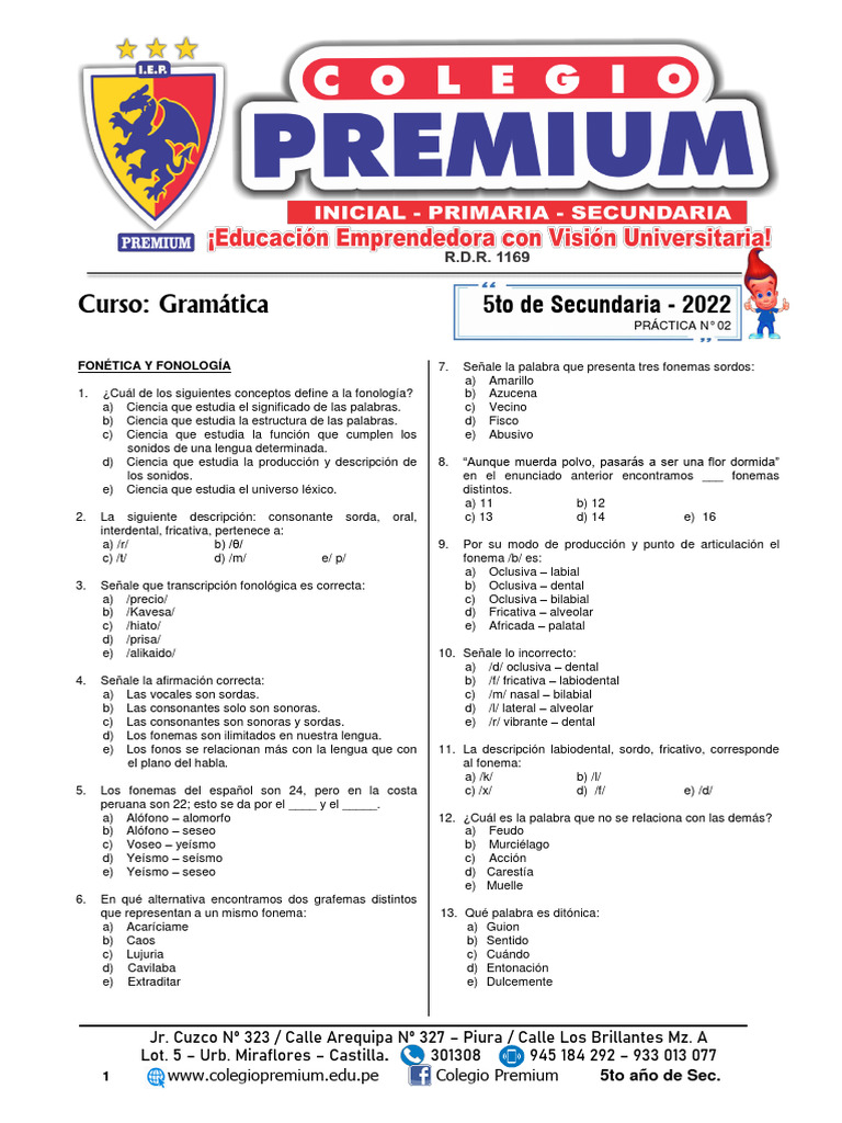 Fonética y Fonología: Ejercicios 5to Sec. | PDF
