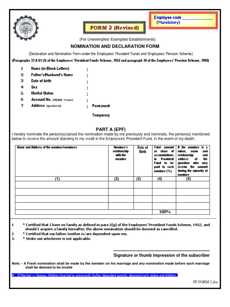 Employee Provident Fund and Pension Scheme Nomination and Declaration ...