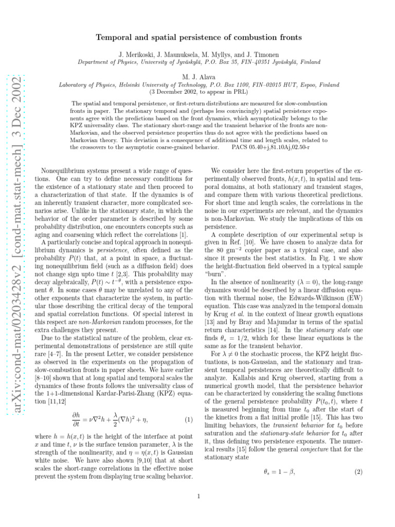 Temporal And Spatial Persistence Of Combustion Fronts Pdf