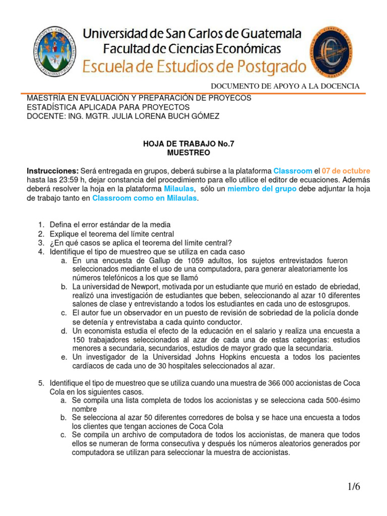 Hoja de Trabajo 7 | PDF | Desviación Estándar | Intervalo de confianza