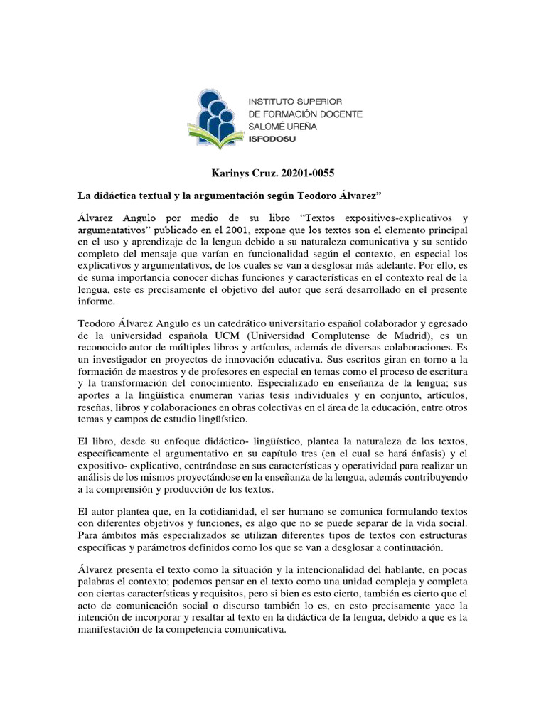 Informe de Lectura Del Libro de Teodoro Alvarez Angulo | PDF | Lingüística | Argumento